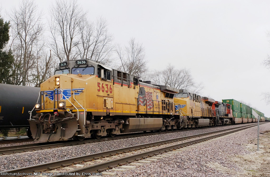 UP 5636 Leads a west bound stack train